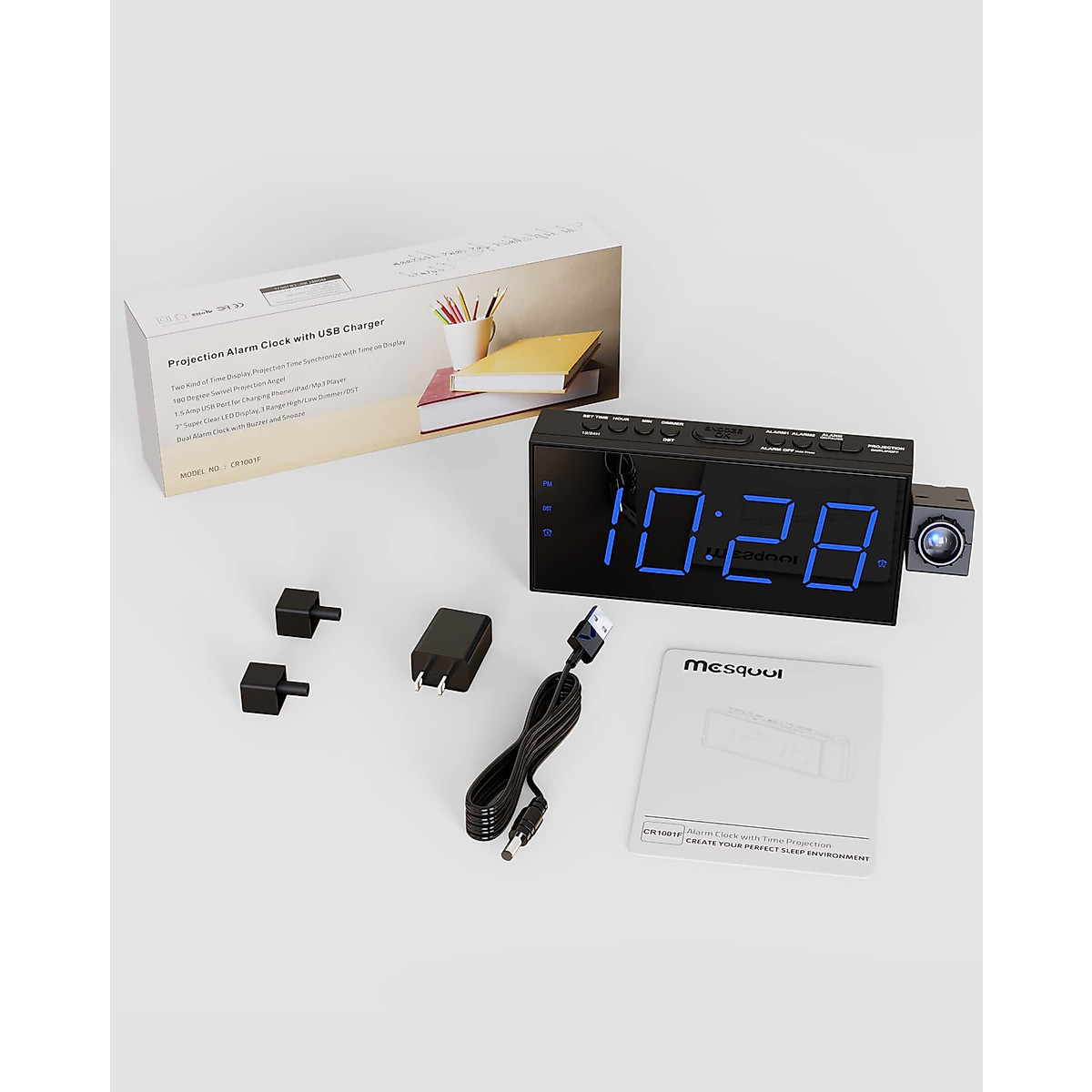 Digital Projection Alarm Clock for Bedroom, Large LED Alarm Clock with Projection on Ceiling Wall, 350°Projector,Dimmer,USB Charger, Battery Backup Loud Dual Alarm Clock for Heavy Sleeper Kids Elderly