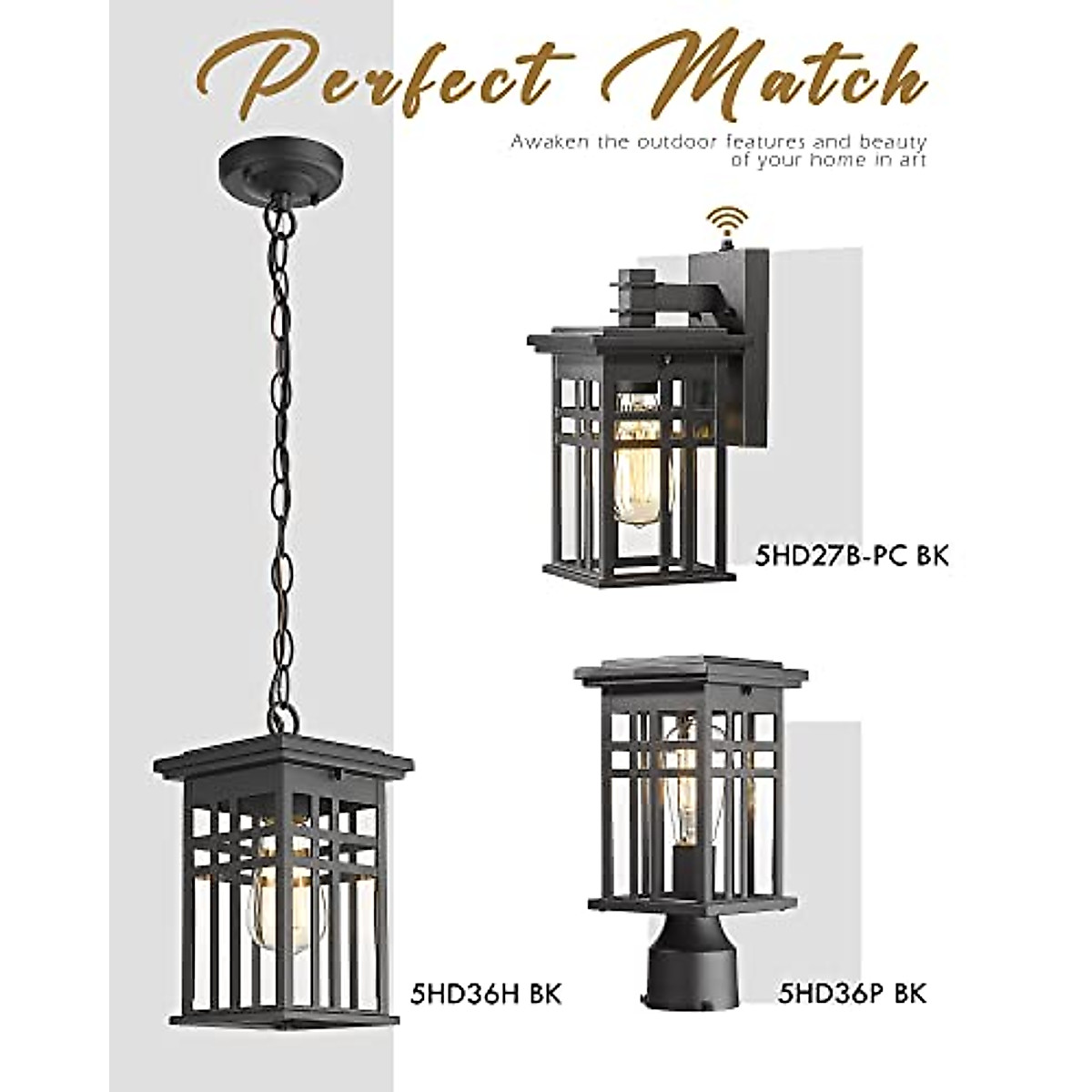 Dusk to Dawn Sensor Outdoor Wall Sconces - HWH Exterior Wall Mount Light Fixture Matte Black, 2-Pack Porch Lights for Garage, Doorway, Balcony, Garden, 5HD27B-PC-2PK BK