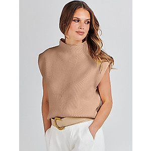LOGENE Women's Sweater Vest Sleeveless Mock Neck Tank Top Ribbed Knit Cap Sleeve Pullover Sweaters 2023 Fall Trendy Clothes apricot Medium