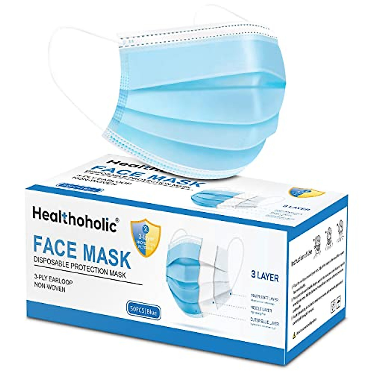 Healthoholic Blue Disposable Face Masks [Bulk Pack of 2000 Pcs, 40 Boxes of 50pcs/Box] Non-Woven, Breathable, Disposable 3-ply Protective Earloop Face Masks