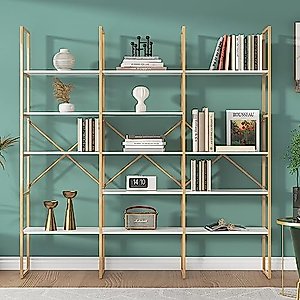 Jehiatek Gold Bookshelf 5 Tiers, Geometric Bookcase, 71"L x 71"H Tall Gold Shelves Etagere Book Case, Sturdy Metal Frame, Freestanding Display Shelving Unit for Home, Office, Library, White and Gold