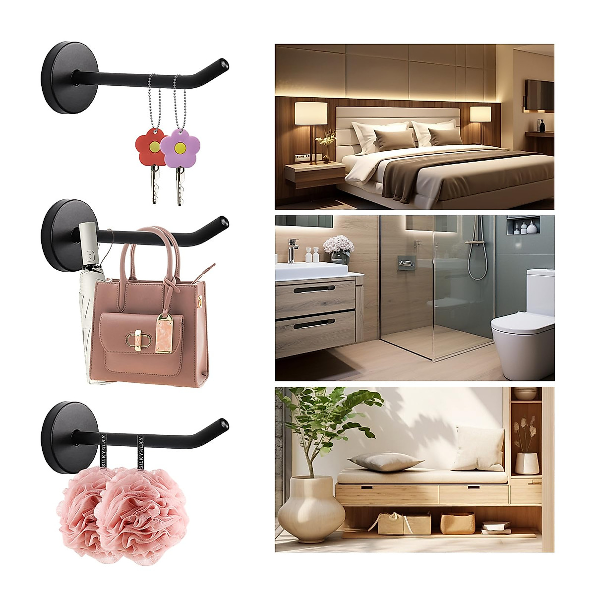 Rannb Robe Hook Coat Hook Heavy Duty Long Nose Wall Mount Hook Stainless Steel Black Matt Surface 145mm/5.7" Length - Pack of 4