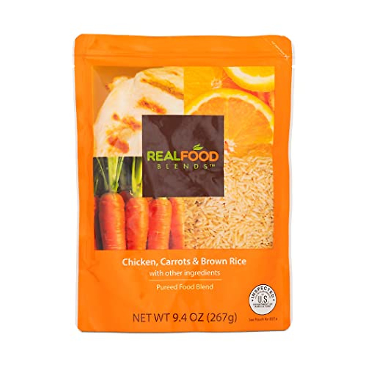 Real Food Blends Chicken, Carrots & Brown Rice - Pureed Food Meal for Feeding Tubes, 9.4 oz Pouch (Pack of 12 Pouches)