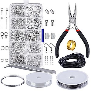 PP OPOUNT Jewelry Findings Set Jewelry Making Kit Jewelry Findings Starter Kit Jewelry Beading Making and Repair Tools Kit Pliers Silver Beads Wire Starter Tool