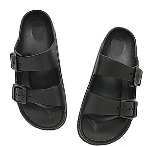 FUNKYMONKEY Men's Comfort Slides Double Buckle Adjustable EVA Flat Sandals (7 M US, Black/SPK)