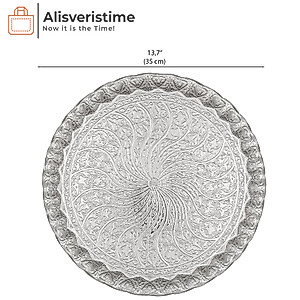 Alisveristime Turkish Ottoman Coffee Tea Serving Tray – 11.8 Inches, Wavy Zamac Tray with Traditional Motifs, Available in Five Color Variations (Silver)