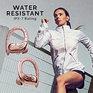 Runner 60 Wireless Rose Gold Earbuds for Running, Workout Headphones for Women, Pink Bluetooth Earphones, Over Ear Hooks, 80-Hour Long Battery, Water-Resistant Pink Earbuds Wireless Charging Case
