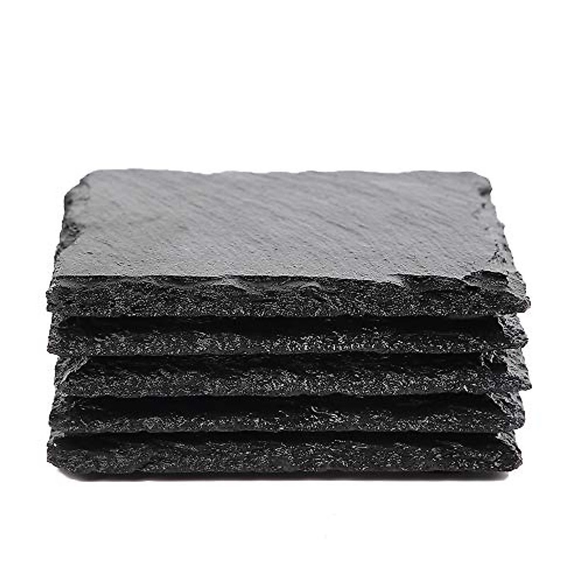 Slate Stone Drink Coasters - Set of 5 Square Black Natural Edge Stone Drink Coasters for Bar and Home- 4" x 4"