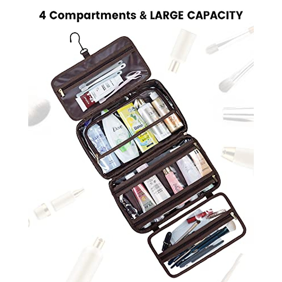 LOVEVOOK Travel Toiletry Bag for Women, Bathroom Toiletry Organizer with Hanging Hook, Large Makeup Case with Detachable Pocket, Perfect Cosmetic Traveling Essential for Full Sized, Beige-Brown