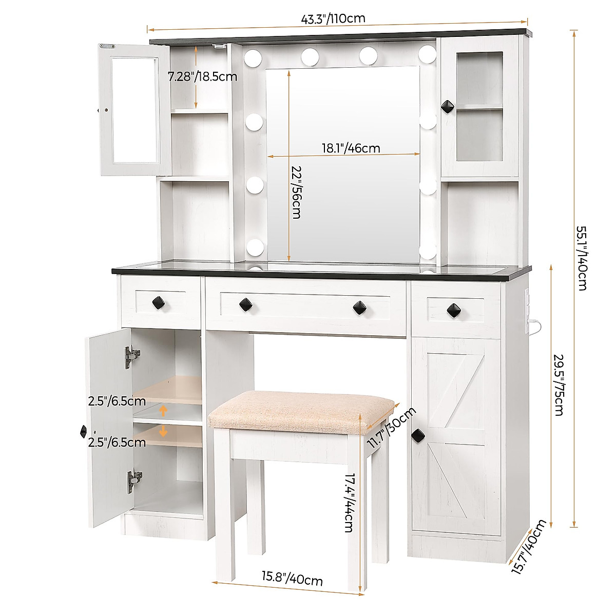 ANWBROAD Farmhouse Makeup Vanity Desk with Mirror and Lights White Vanity Desk 43" W Glass Tabletop Vanity Table with Charging Station & 2 Cabinets Big Modern Dressing Table Stool for Bedroom UBDT71W