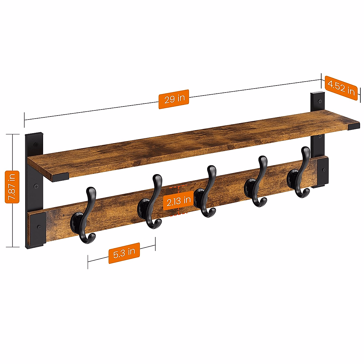 Homode Coat Rack Wall Mount, 29 Inch Long Shelf with Hooks, Wood Entryway Shelf with 5 Hangers for Hanging Hat Jacket Backpack Purse, Rustic Brown Black