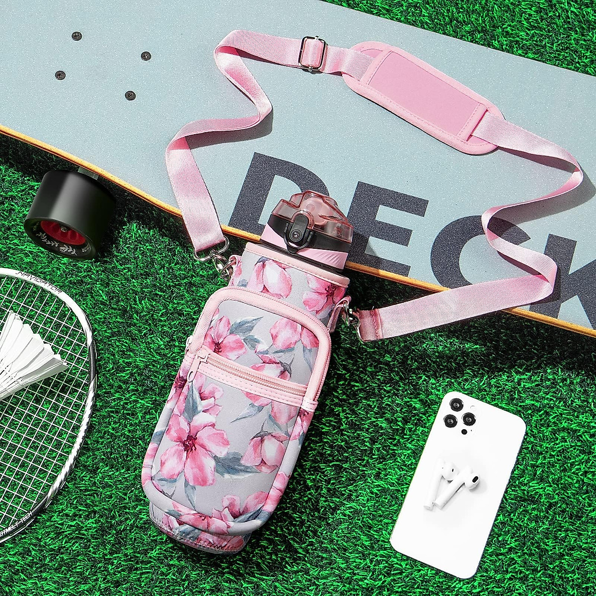 Fimibuke 32 oz Water Bottle with Sleeve - BPA Free Leakproof Sport Large 1L Plastic Motivational Water Bottle with Straw Strap Insulated Neoprene Holder Carrier Bag for Women Men (A4.Peach Blossom)