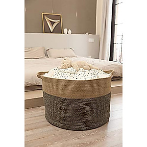 24" x 24" x 17" Max Size Large Cotton Rope Basket, Extra Large Storage Basket, Woven Laundry Hamper, Toy Storage Bin, for Blankets Clothes Toys Pillows in Living Room, Baby Nursery, Jute/Black Mix
