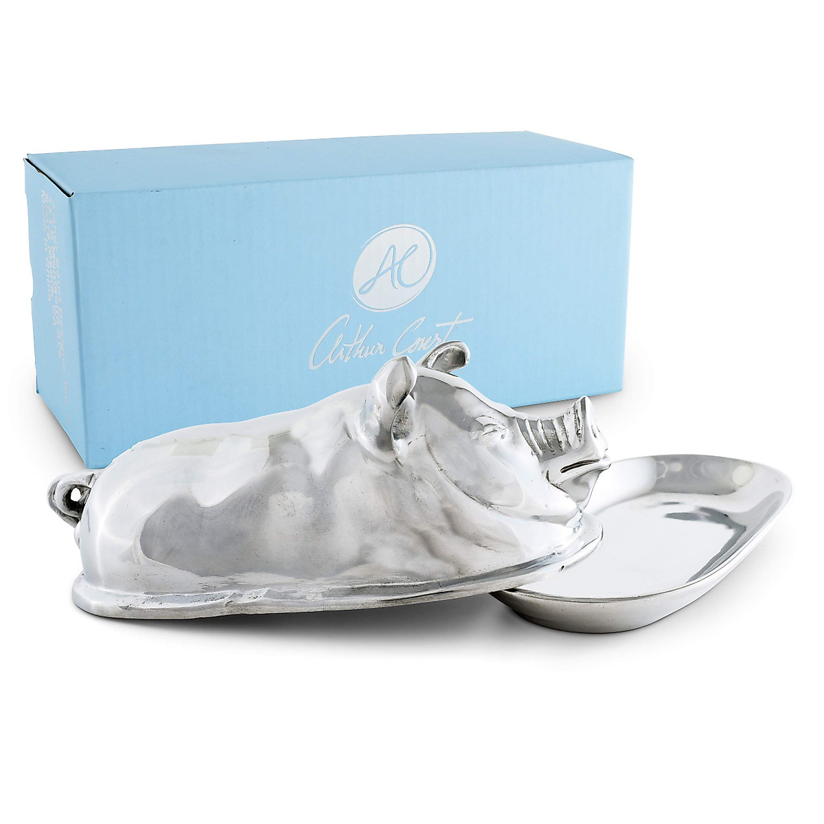 Arthur Court Happy Pig Covered Butter Cream Cheese Dish Container Keeper Hand Polished Tarnish Free Artisan Quality Farmhouse Table 7.5 inch Long
