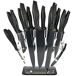 30 Pieces Knife Set and kitchen utensil set, silicone cooking utensils set for kitchen essentials with Knife Sharpener, 11 Pcs black knife set, Cutting Board essential knife and cutting board set