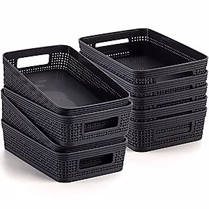 Frcctre 9 Pack Plastic Storage Baskets, Small Plastic Woven Storage Basket with Handles, Stackable Desktop Organizer Bins for Home, Kitchen, Pantry, Office, School, Classroom, 9.75"LX6.4"WX2.4"H
