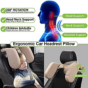Car Headrest Pillow, Toolwiz Children Pillow for Head Neck Support for Car Seat, Soft Velvet Road Pal Headrest Kids Pillows For Sleeping, Ergonomic 360° Adjustable Travel Pillow for Child Adult, Beige