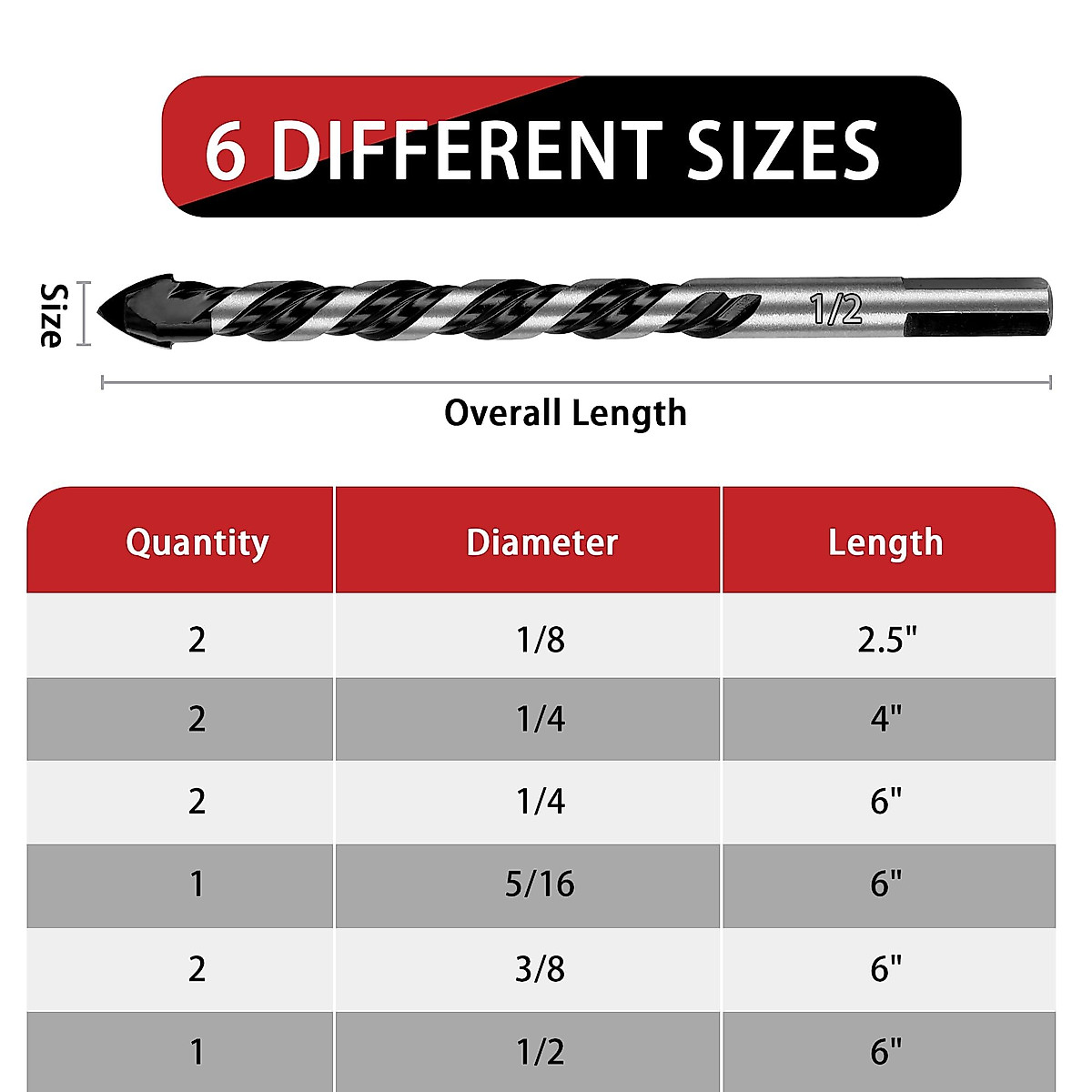 AIMLENTOOL Masonry Drill Bits Set, 10pcs Concrete Drill Bits, 1/8" to 1/2" Multifunction Drill Bit Set with Industrial Strength Carbide Tipped for Brick, Tile, Cement, Ceramic, Glass, Plastic