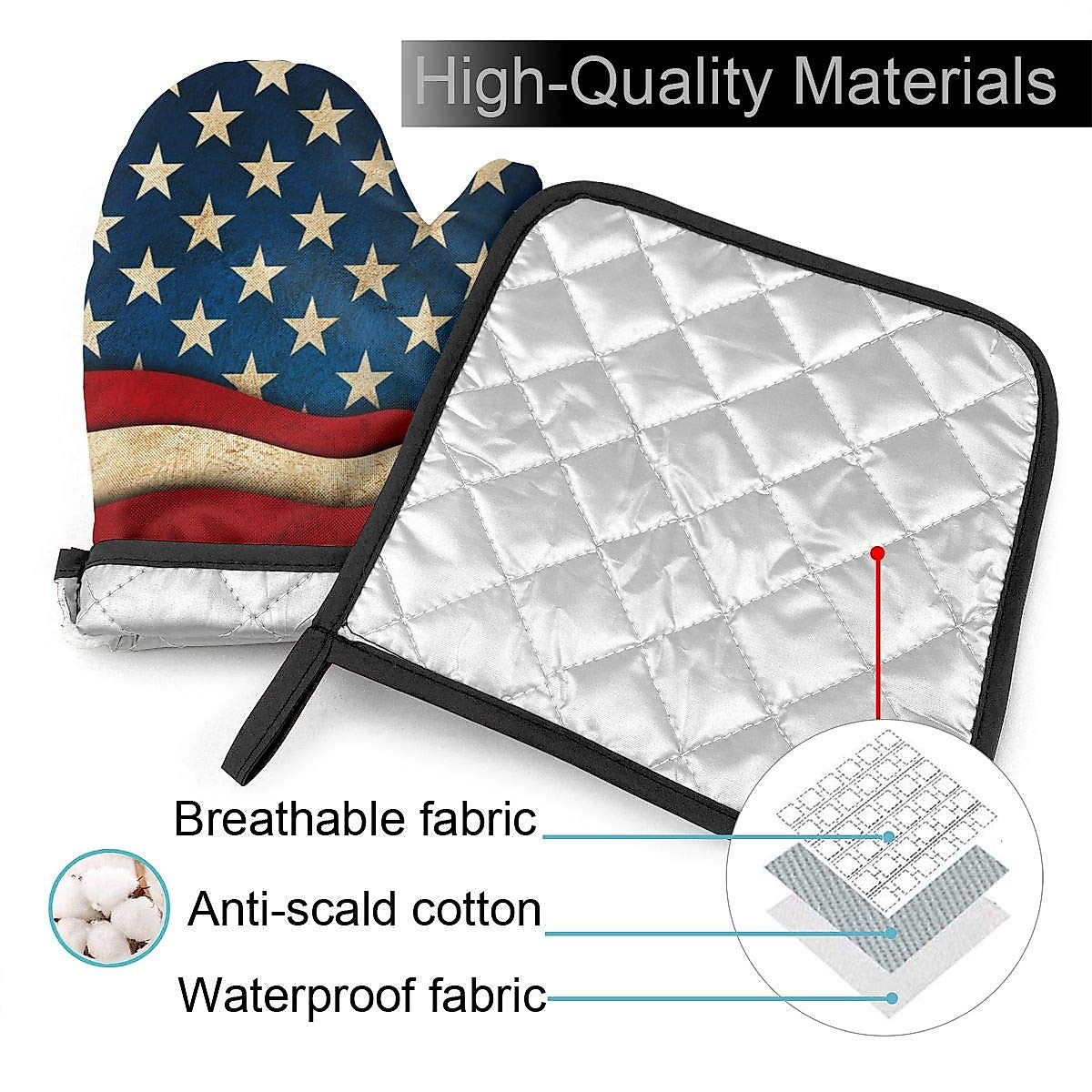VunKo Retro American Flag Oven Mitts and Pot Holders Sets Heat Resistant Kitchen Oven Gloves Non-Slip for Safe BBQ Cooking Baking Grilling Set of 2