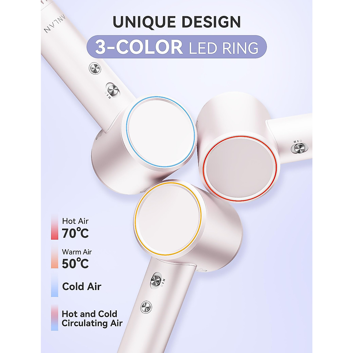 Negative Ionic Hair Dryer,ANLAN 1300W Fast Drying Blow Dryer 120,000 RPM Professional High-Speed Hair Dryer Low Noise Home Hairdryer with Magnetic Nozzle Lightweight Travel Hairdryers for Women (Pink)