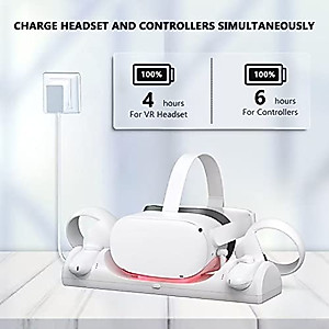 VR Charging Station for Oculus Quest 2/Meta Quest 2, Charging Dock Supports LED indicator/Simultaneously Magnetic Charging Headset and Touch Controller, with 2 Rechargeable Batteries and USB-C Charger
