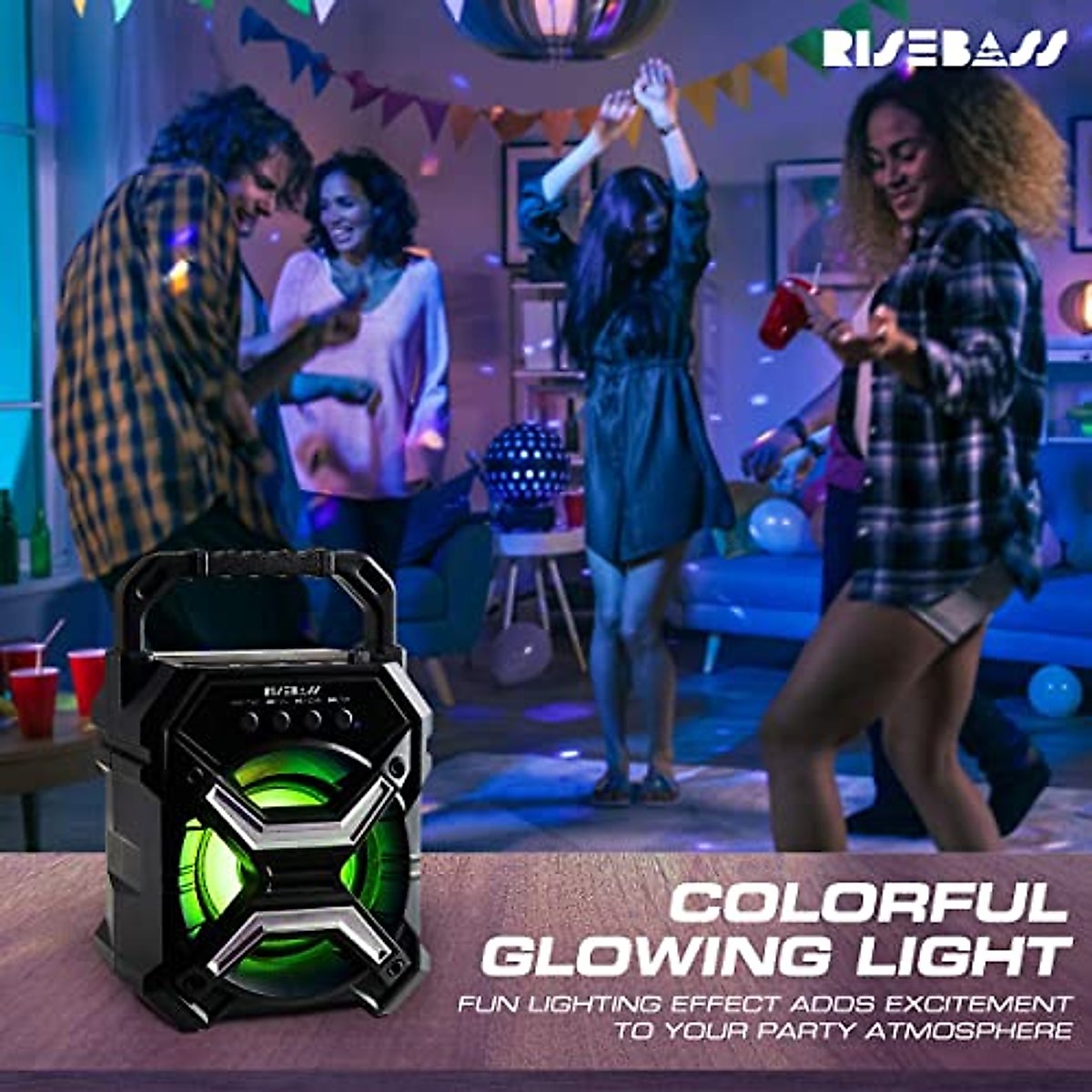 Portable Wireless Bluetooth Speaker for iPhone, Android, iPod and More - Rechargeable Bluetooth Speaker for Kids & Adults - Mini Speaker with Party Lights, for Hiking, Camping, Picnic and Boating.