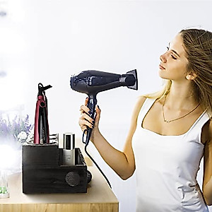 DB Rustic Black Hair Dryer Holder, Wooden Hair Tool Organizer, Bathroom Supplies Countertop Storage and Vanity Caddy for Blow Dryer Curling Iron Holder Hair Straightener Brush Hair Styling Accessories