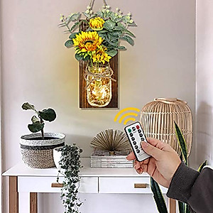 AerWo Sunflower Mason Jar Sconces Wall Decor Set of 2, Upgraded Hanging Sunflower Wall Decor with Remote LED Fairy Lights Rustic Wall Sconces for Farmhouse Kitchen Decorations Wall Home Decor