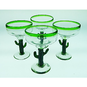 WSLHFEO Margarita Saguaro Cactus Green Rim Hand Blown Set of 4.