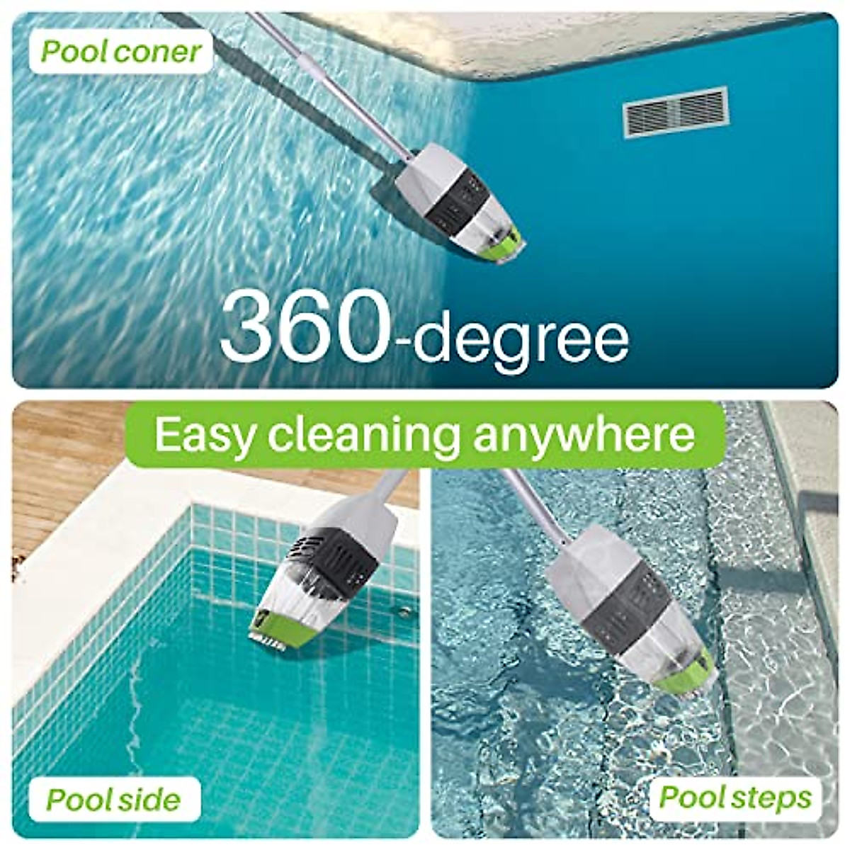 POOLPURE Cordless Rechargeable Pool Vacuum, Handheld Pool Cleaner with Telescoping Shaft, Scrub Brush Head for Above & In-Ground Pools, Inflatable Pools for Leaves, Dirt and Sand & Silt