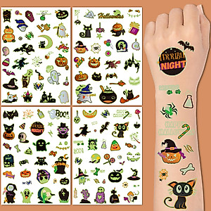 124 Pcs Halloween Temporary Tattoos Glow In Dark For Kids, Waterproof Glowing Luminous Fake Tattoo Stickers for Halloween Party, Jack-O-Lantern, Witch, Ghost Realistic Tattoo Sticker For Boy And Girls