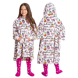 Mad Dog Kids Blanket Hoodie - Wearable Blankets with Cozy Sleeves, Soft Fleece & Sherpa Designs, for Boys & Girls, Ages 4-13, Unicorn, 4-7 Years