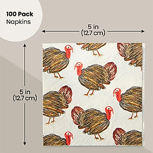 100 Pack Turkey Thanksgiving Cocktail Napkins for Party Supplies (5 x 5 In)