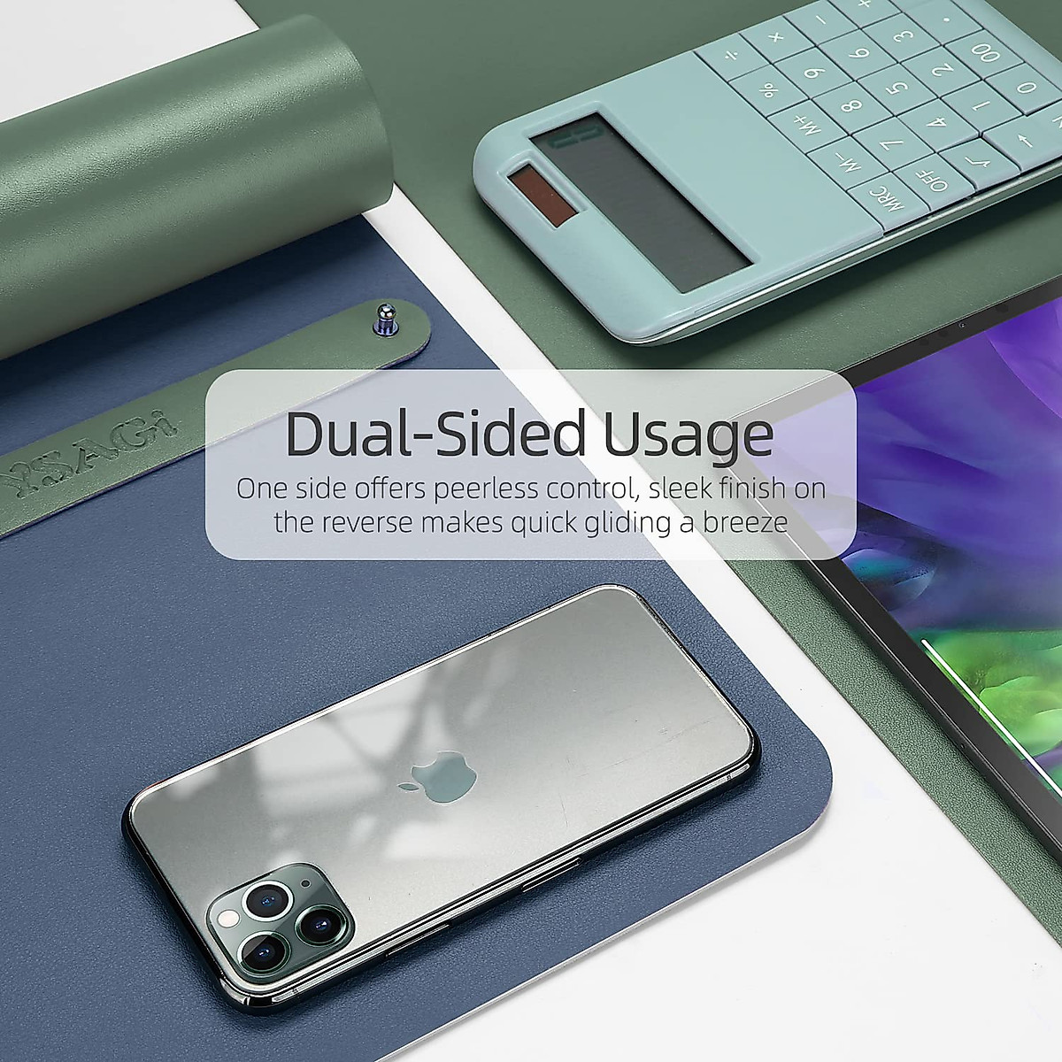 YSAGi Desk Pad, Desk Mat, Dual-Sided Desk Pad, 31.5" x 15.7" Laptop Leather Desk Pad Protector, Desk Blotter for Keyboard and Mouse, Waterproof Desk Writing Pad for Office(Dark Green+Dark Blue)