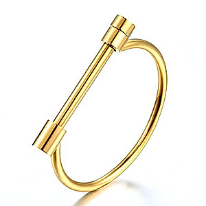 ANBALA Stylish Titanium Steel D Shape Bar Screw and Shackle Cuff Bangle Bracelet for Unisex, Gold,Flat Head Screw