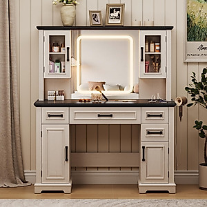 Maupvit Farmhouse Vanity Desk with Mirror and Lights, Makeup Vanity Table with Charging Station, 45" Bedroom Table with 4 Drawers and Cabinets, 3 Lighting Modes, White