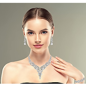 Paxuan Wedding Bridal Bridesmaid Austrian Crystal Rhinestone Jewelry Sets Statement Choker Necklace Earrings Bracelets Sets for Wedding Party Prom (Necklace + Earring + Bracelet (White))