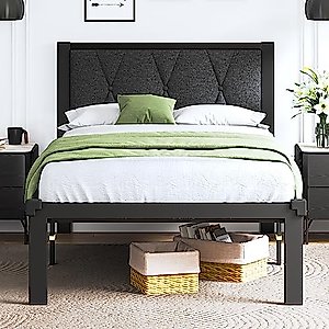 Feonase Twin Size Metal Bed Frame with Fabric Button Tufted Headboard, Platform Bed Frame with Heavy Duty Metal Slats, 12" Storage Space, Noise Free, No Box Spring Needed, Dark Grey