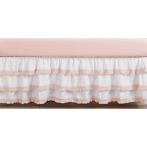 Sweet Jojo Designs Boho Bohemian Girl Baby Crib Bed Skirt Nursery Dust Ruffle - Blush Pink and White Farmhouse Shabby Chic Designer Modern Minimalist Ruffle Tassel Fringe Macrame Cotton