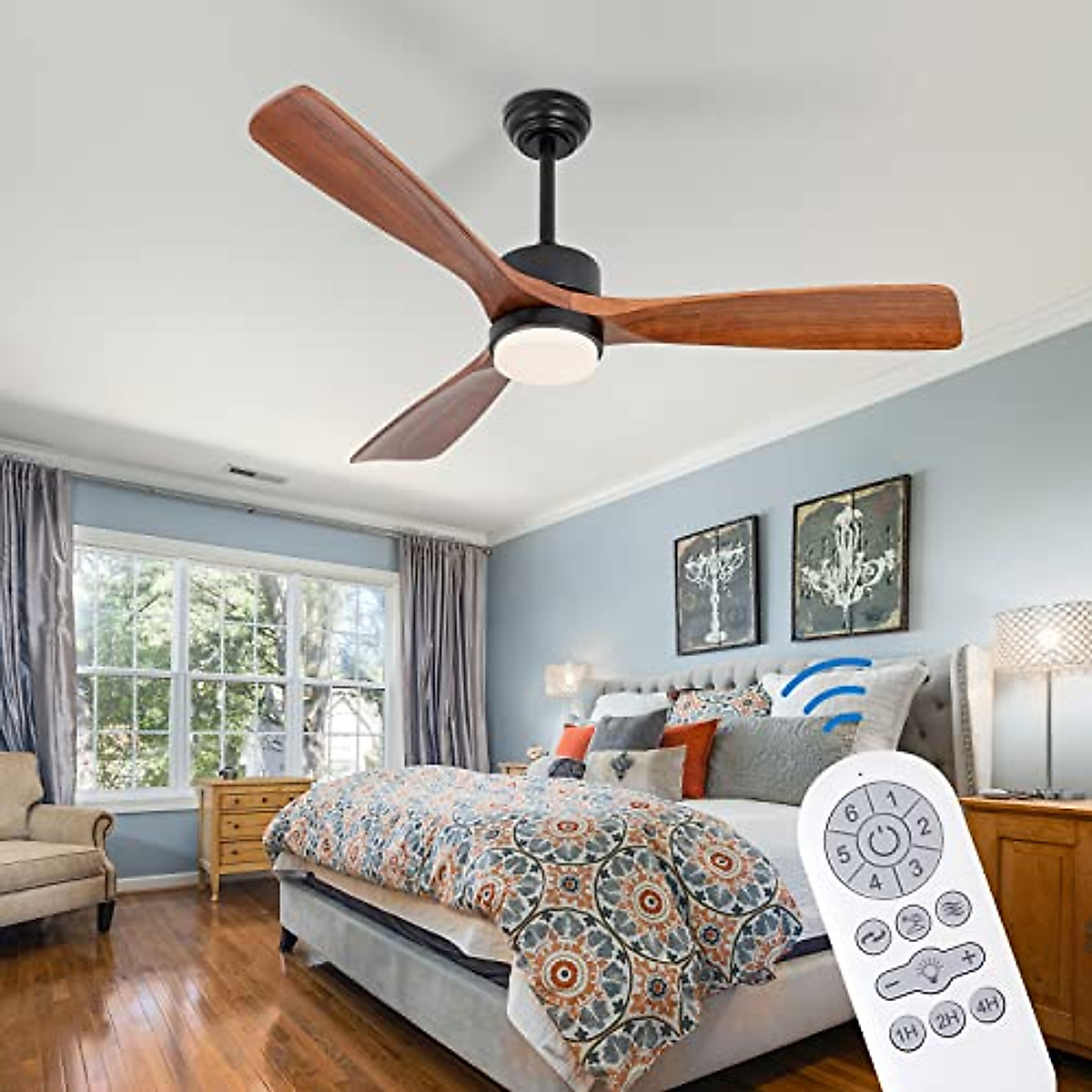 VACILL 52 inch Wood Ceiling Fans with Lights and Remote 120V,DC Motor,Indoor Outdoor Noiseless Reversible Ceiling Fan,6 Speed Levels,LED Dimmable,Color Mahogany