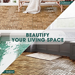 Idzo Interlocking Deck Tiles - 10PCS Waterproof Acacia Wood Patio Tiles, Flooring Tiles for Both Indoor and Outdoor - Decking Checker Pattern, 12 x 12 x 0.9 Inches, Golden Teak