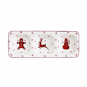 Euro Ceramica Winterfest Collection Festive 16.1" Ceramic 3 Part Divided Appetizer Tray, Hand-Stamped Holiday Design, Red & White