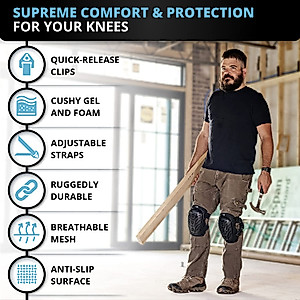 Work Knee Pads for Men and Women - Non-Slip Construction Knee Pads with Protective Foam Padding, Comfy Gel Cushion, and Adjustable Clip-on Straps - Multi-Use for Gardening, Cleaning, Flooring and More