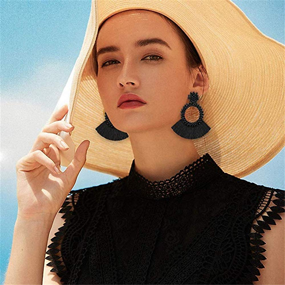 D.Rosse Handmade Bohemian Tassel Crystal Statement Drop Dangle Earrings for Women Hoop Fringe Lightweight Ear Jewelry Summer Accessories (Black)