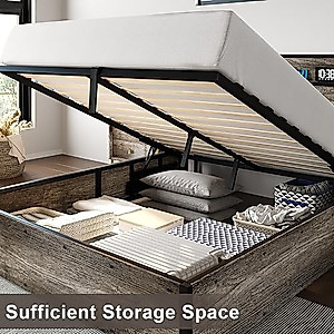 AMERLIFE Queen Size Lift Up Storage Bed Frame, Wooden Platform Bed Frame with Lifting Storage & Charging Station, No Spring Box Needed/Noise Free, Rustic Grey