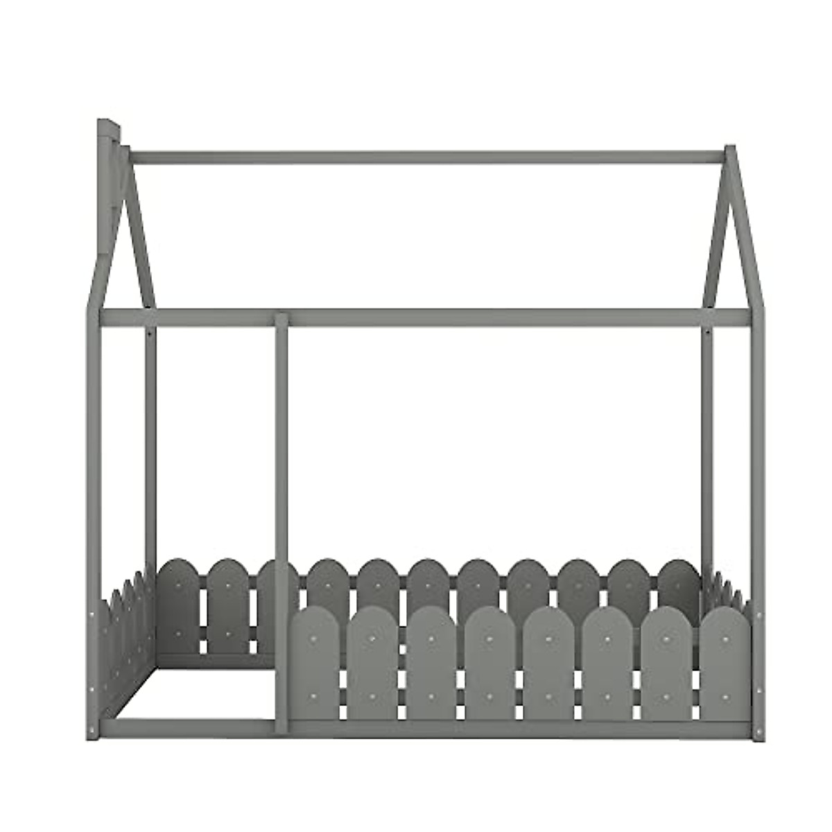 BIADNBZ Twin Size House-Shaped Bed Frame with Fence and Roof, Wooden Floor Platform Bedframe for Kids Girls Boys Bedroom, Gray