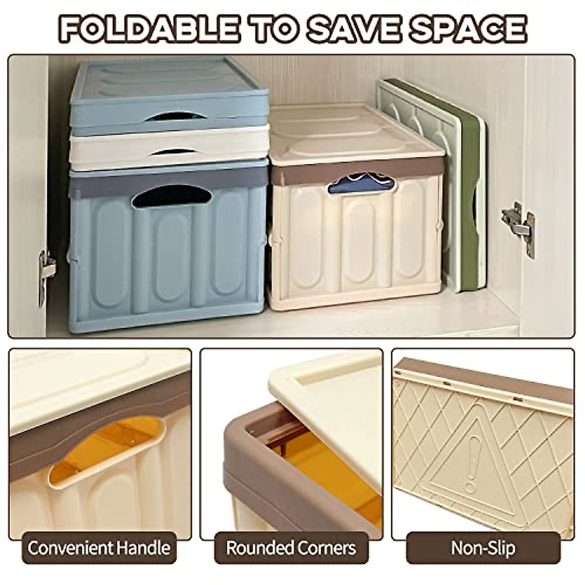 Sutekus Lidded Storage Bins Stackable 30L Storage Crates Collapsible Storage Box For Office Books Grocery Wardrobe (Light Brown)