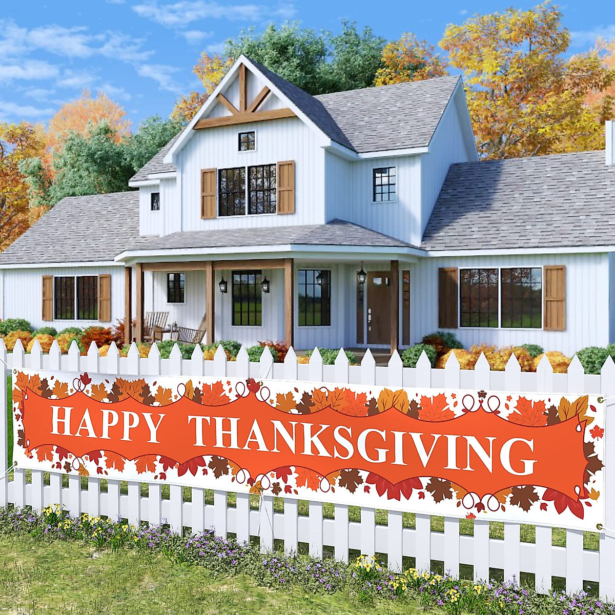 Large Happy Thanksgiving Decorations Banner Outdoor Yard Signs 120" x 20" Party Supplies Holiday Decor Fall Leaves Hanging Photo Backdrop Vivid Colors Welcome Garden Flag for House Fence Garage Baclony Door Porch Home Decor