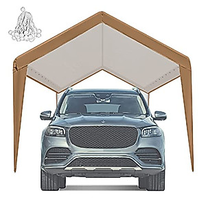 MARVOWARE 10x20 Car Canopy Replacement Carport Tarp Cover with Fabric Pole Skirts Ball Bungees for Tent Top Garage Boat Shelter(Only Tarp Cover) Brown