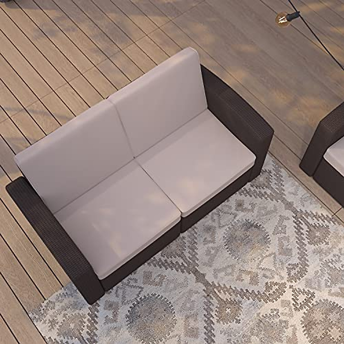 Merrick Lane Malmok Outdoor Furniture Resin Loveseat Chocolate Brown Faux Rattan Wicker Pattern 2-Seat Loveseat with All-Weather Beige Cushions